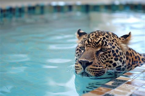 Leopard Swims In The Water Of The Pool Concept Of The Power Of Sport