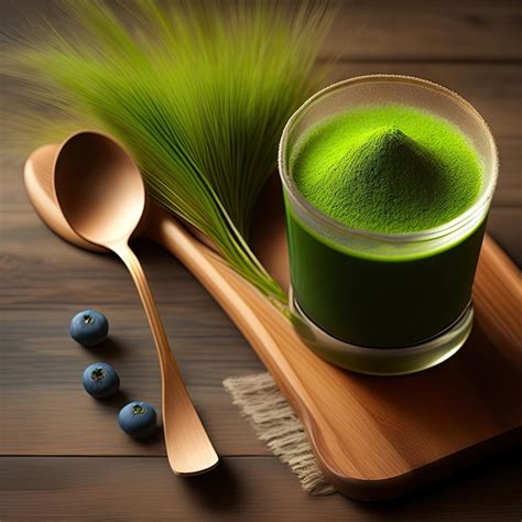 Premium Ai Image Dried Wheatgrass Powder On A Wooden Spoon And Glass Of Water