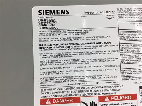 Siemens G3040b1200 200 Amp 120 240v Type 1 Indoor Load Center Cover On