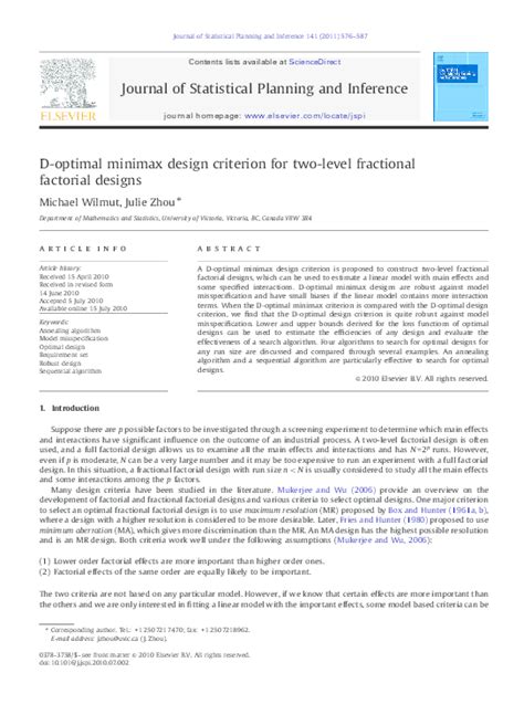 pdf d optimal minimax design criterion for two level fractional