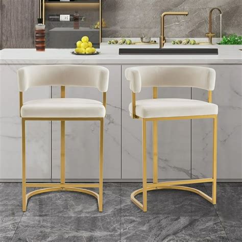 Set Of 2 Beige Modern Velvet Bar Stools With Barrel Backrest