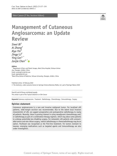 Management Of Cutaneous Angiosarcoma An Update Review Request Pdf