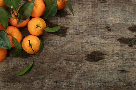 Mandarin Orange Green Leaf Wood Crate Box Top View Copy Text Space