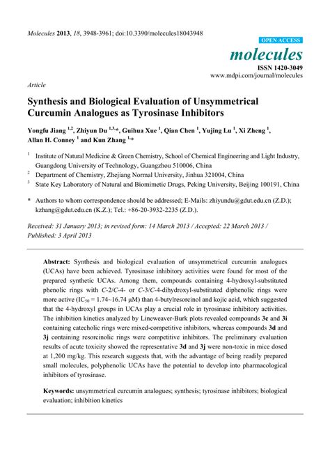 Pdf Synthesis And Biological Evaluation Of Unsymmetrical Curcumin Analogues As Tyrosinase