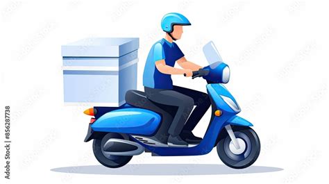 Delivery Man Riding A Scooter He Is Wearing A Blue Uniform And A Helmet He Is Carrying A
