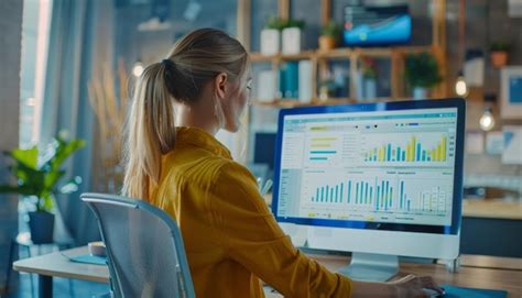 A Businesswoman Working At A Computer Analyzing Data Charts And Graphs Premium Ai Generated Image