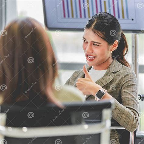 Closeup Shot Of Asian Pretty Happy Cheerful Female Businesswoman Intern Trainee In Casual Suit