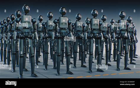 Large Group Of Humanoid Robots Assembled In Precise Lines Illuminated