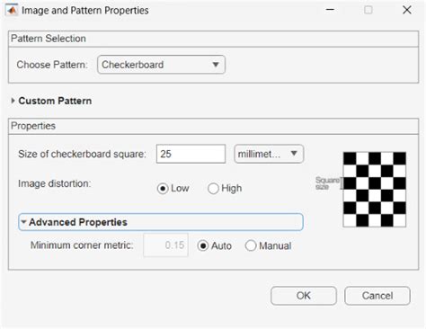 select calibration pattern and set properties matlab and simulink