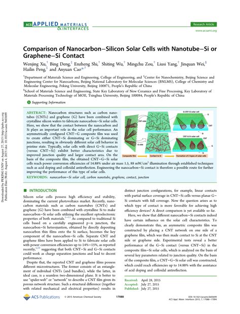 Pdf Comparison Of Nanocarbon Silicon Solar Cells With Nanotube Si Or Graphene Si Contact