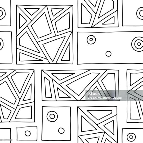 원활한 벡터 패턴 사각형 사각형 삼각형 점으로 그려진 흑백 기하학적 손 벽지 포장 포장 직물 인쇄 라인 드로잉 그래픽 디자인 검은색에 대한 스톡 벡터 아트 및 기타 이미지