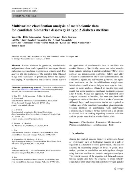 Pdf Multivariate Classification Analysis Of Metabolomic Data For