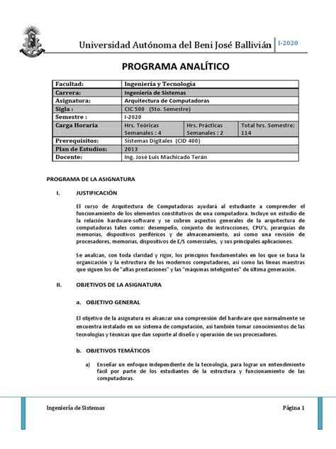 I 2020 Programa Analitico Cic500 Arquitectura De Computadoras Pdf Compatibles Con Pc