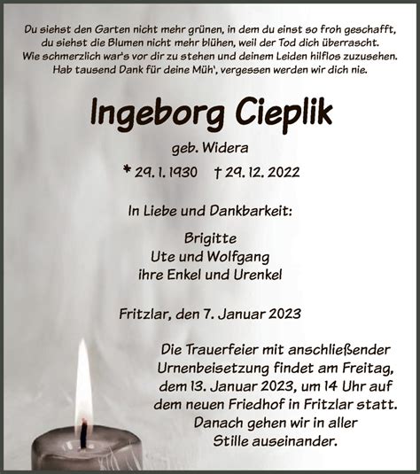 Traueranzeigen Von Ingeborg Cieplik Trauerhnade