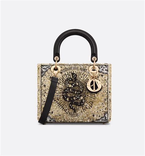 Medium Lady Dior Bag Calfskin Embroidered With Black And Gold Tone