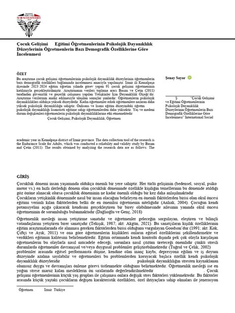 Çocuk Gelişimi Ve Eğitimi Öğretmenlerinin Psikolojik Dayanıklılık Düzeylerinin Öğretmenlerin