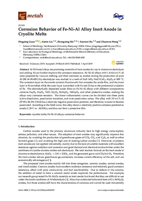 Pdf Corrosion Behavior Of Fe Ni Al Alloy Inert Anode In Cryolite Melts