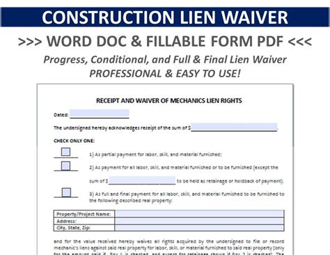 Construction Lien Waiver Business Template Progress Condition