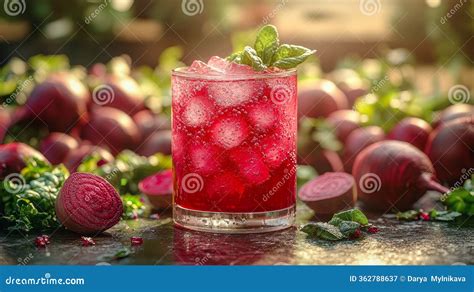 A Glass Of Fresh Beet Juice With Ice Cubes Sits On The Table In The Kitchen Stock Image Image