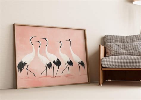 Modroom Graceful Cranes Art Print Minimalist Wall Art Pink Aesthetic