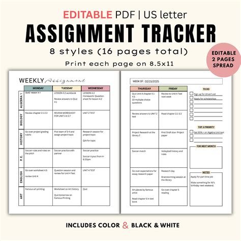 Editable Weekly Assignment Tracker 2 Pages Printable Planner Student