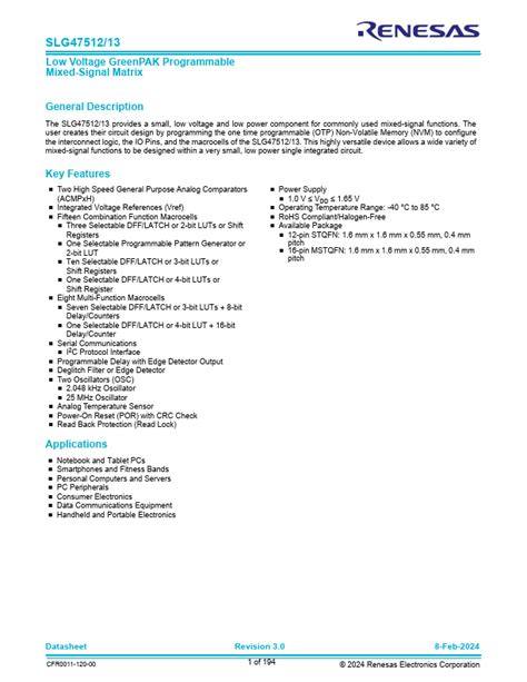 SLG SLG Low Voltage GreenPAK Programmable Mixed Signal Matrix Renesas SLG SLG Low Voltage GreenPAK Programmable Mixed Signal Matrix Renesas