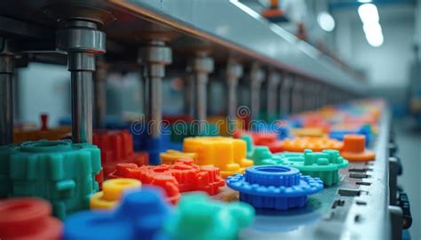 Plastic Molding Factory Machinery Produces Colorful Plastic Parts Detailed Molds Visible On