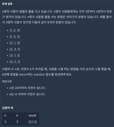 프로그래머스 줄 서는 방법 Python