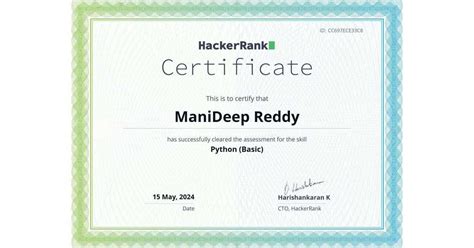 earned python basics certificate from hackerrank tippana manideep