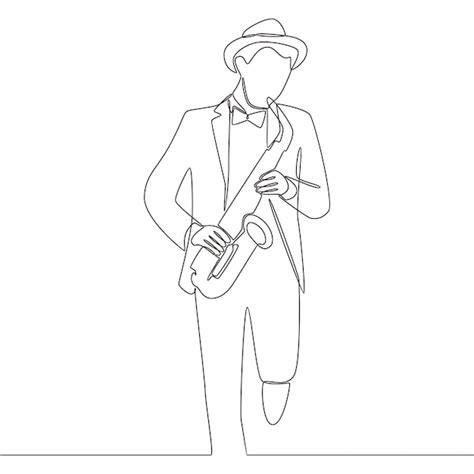 색소폰 벡터 라인 아트 그림을 수행하는 연속 선 그리기 남자 색소폰 연주자 프리미엄 벡터