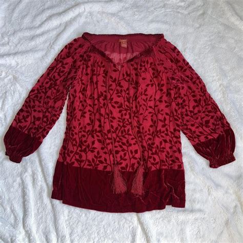 Sundance Shirt M Red Velvet Burnout Leaf Floral Boho Tunic Tassel Silk