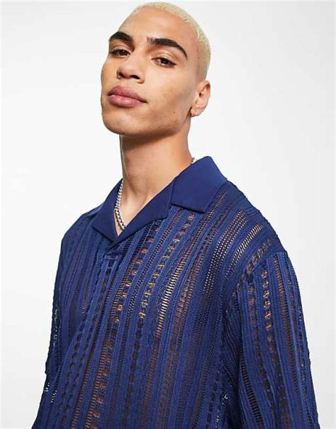 Asos Design Relaxed Revere Polo T Shirt Navy Open Rib Asos