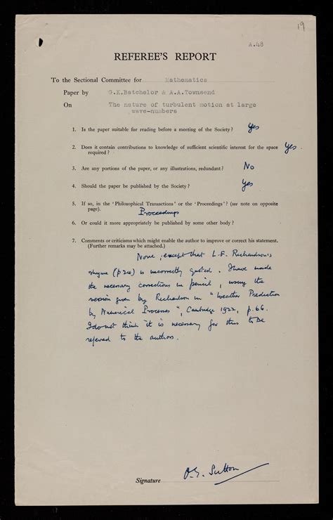 Referees Report By Oliver Graham Sutton On A Paper The Nature Of Turbulent Motion At Large