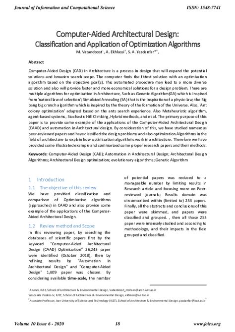Pdf Computer Aided Architectural Design Classification And Application Of Optimization Algorithms
