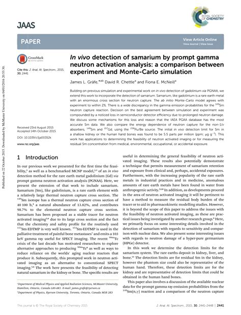Pdf In Vivo Detection Of Samarium By Prompt Gamma Neutron Activation Analysis A Comparison