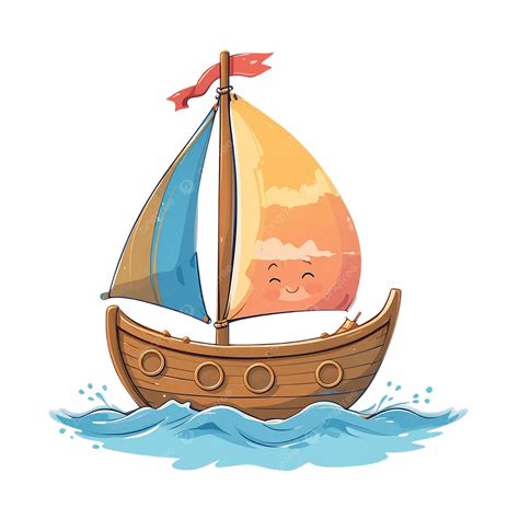 Cute Cartoon Sailing Boat Clipart With Smiling Face And Colorful Sails