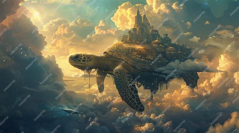 A Sea Turtle In The Sky With A Castle In The Background Premium Ai