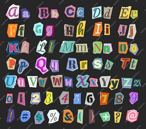 랜섬 스크북 글 신문 절단 알파 협박 스타일 콜라지 숫자 대문자 및 소문자 문자 어진 종이 조각 타이포그래피 터 세트 프리미엄 벡터