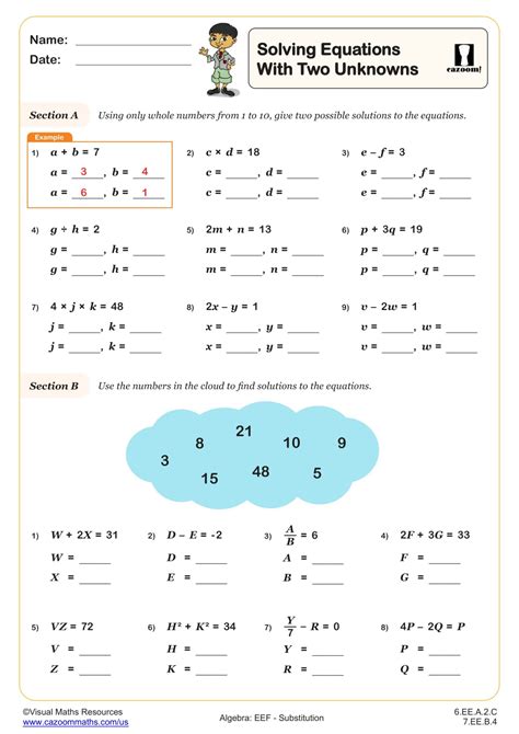solving equations with two unknowns worksheet fun and engaging 6th