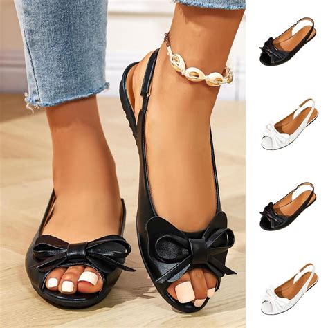 Bxsruta Slingback Peep Toe Flat Sandals With Bow Decor Comfortable Pu