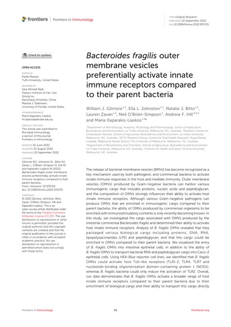 Pdf Bacteroides Fragilis Outer Membrane Vesicles Preferentially Activate Innate Immune