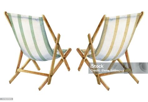 손으로 그린 수채화 요소 줄무늬 해변 데크 의자 한 쌍 선 체이스 라운지 흰색 배경에 격리 디자인 벽 예술 결혼식 인쇄 직물 표지 카드 관광 여행 책자 모래에 대한 스톡