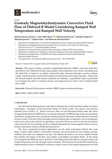 Pdf Unsteady Magnetohydrodynamic Convective Fluid Flow Of Oldroyd B