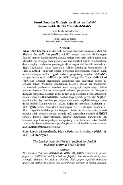 Pdf Sanad Amr Ibn Shuayb An Abihi An Jaddihi Dalam Kritik Hadith