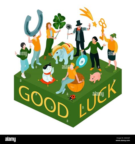 Isometric Good Luck Symbols Composition With Isolated View Of Square