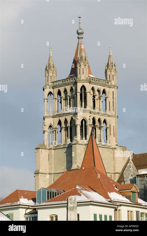 Switzerland Vaud Lausanne Cathedral Tower Winter Morning Stock