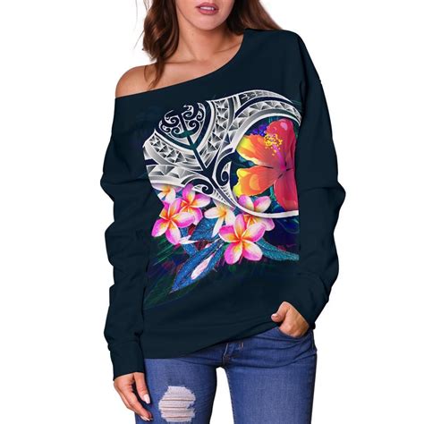 Polynesian Womens Off Shoulder Sweater Manta Ray And Hibiscus