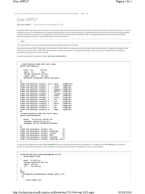 Clausula Cross Apply Sql Server Pdf Servidor Sql De Microsoft Tabla Base De Datos