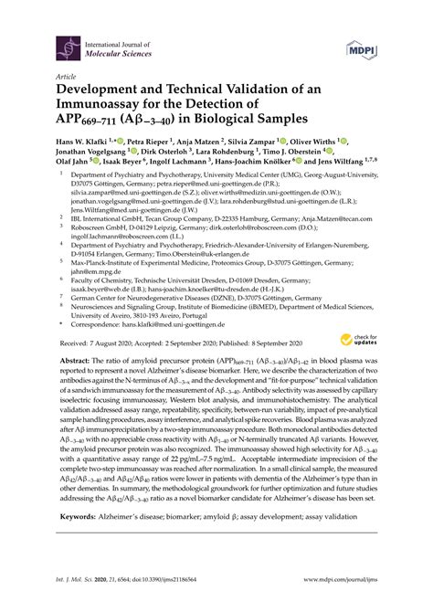 Development And Technical Validation Of An Immunoassay For The Detection Of App669711 Aβ−340