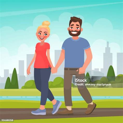 도시 공원에서 행복 한 부부입니다 남자 고 여자 야외에서 걷고 손을 잡고입니다 벡터 일러스트 레이 션 개념에 대한 스톡 벡터